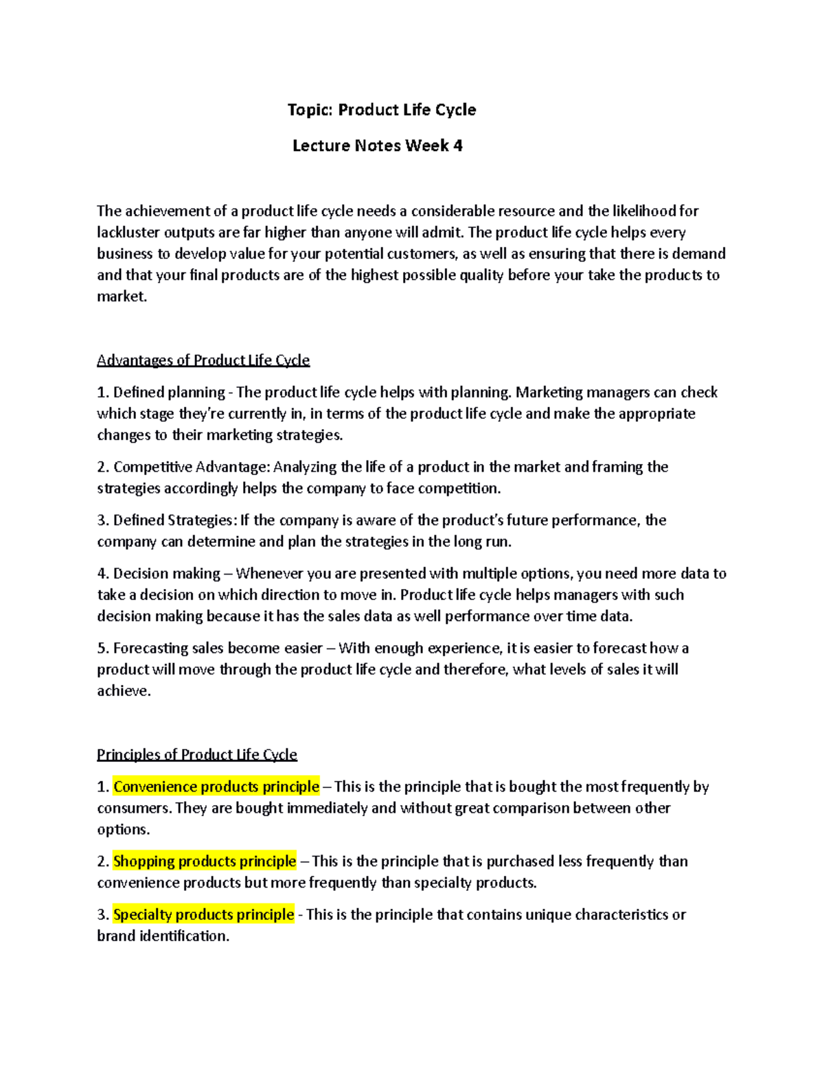 Product Life Cycle - Topic: Product Life Cycle Lecture Notes Week 4 The ...