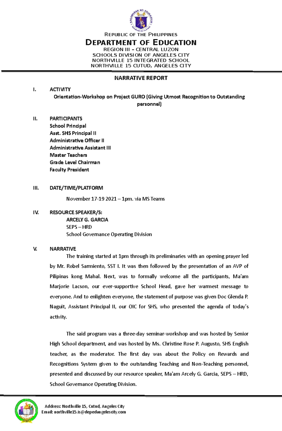 Narrative-Report- Project GURO - DEPARTMENT OF EDUCATION REGION III ...