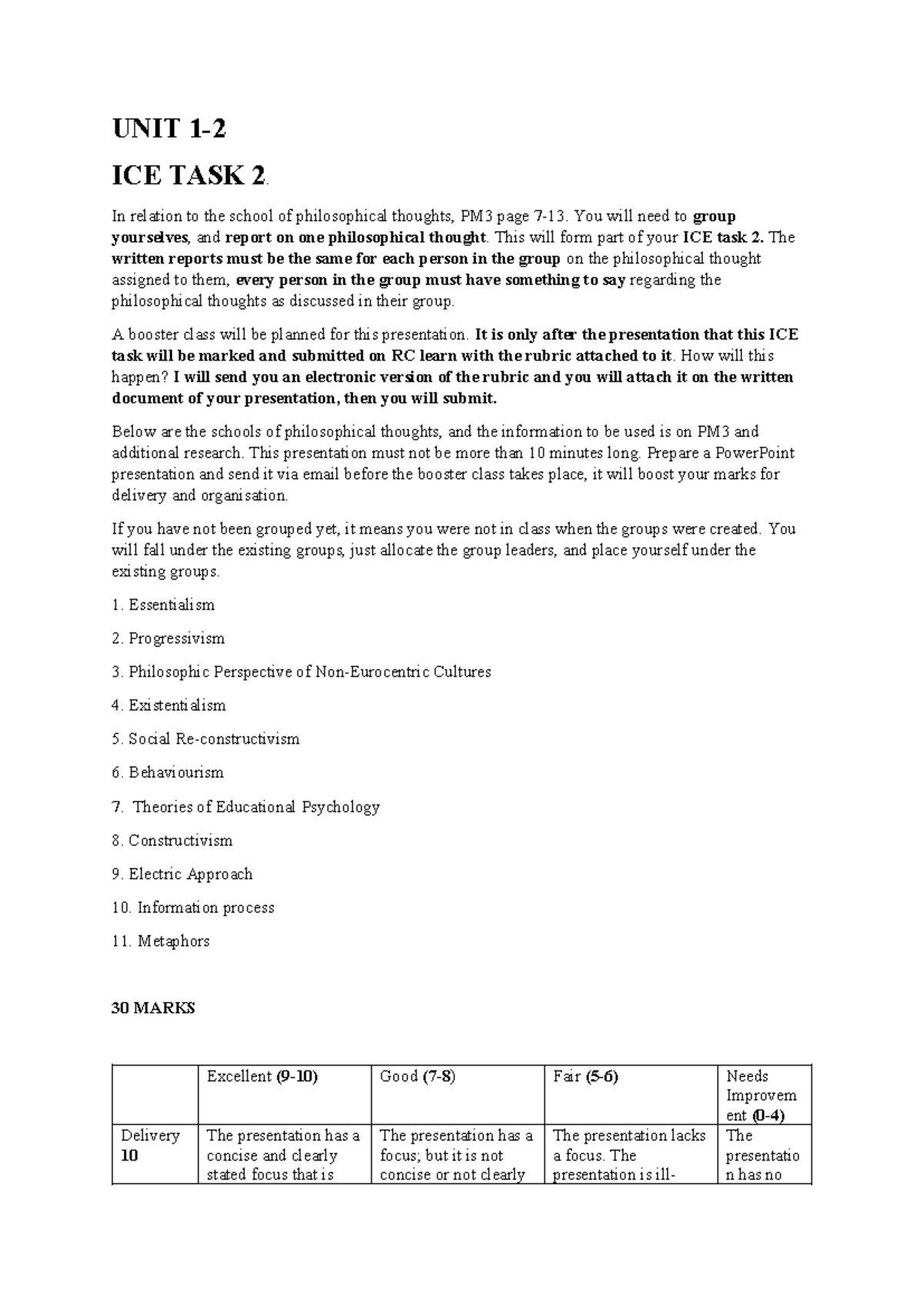 FOED UNIT 1-2 ICE TASK 2 - EXAMPLE OF ICE TASK - UNIT 1- ICE TASK 2. In relation to the school ...