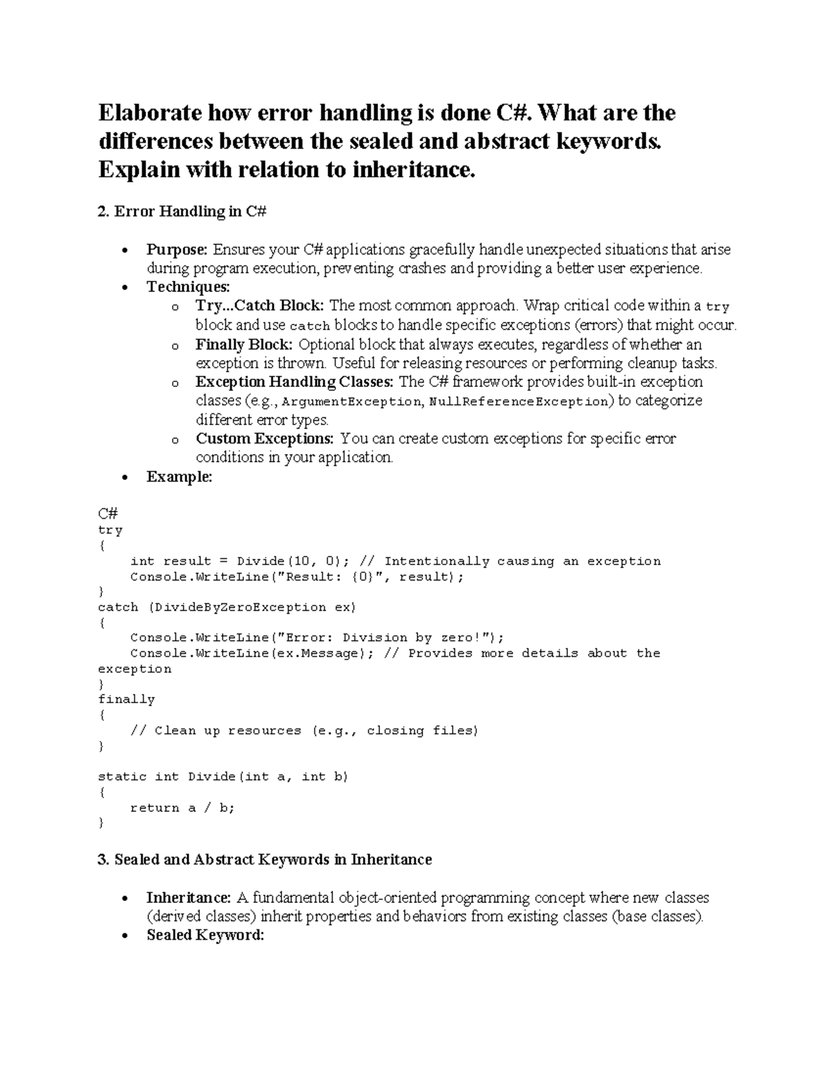 Assignments Solution - Elaborate how error handling is done C#. What are the differences between ...