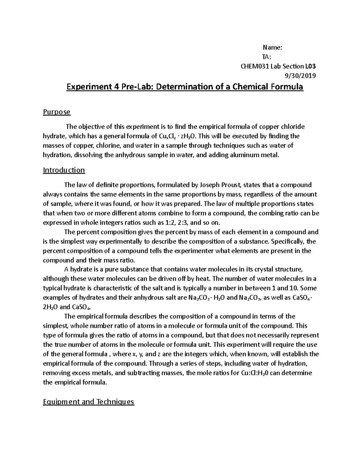 Lab 4 Pre-Lab Determination of Chemical Formulas - Name: TA: CHEM031 ...