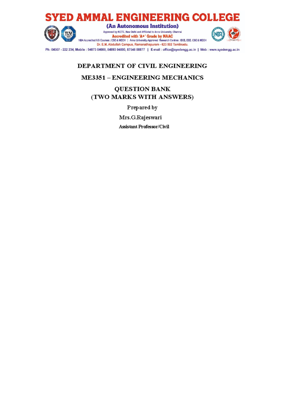 2 marks with answer engineering mechanics - l DEPARTMENT OF CIVIL ...