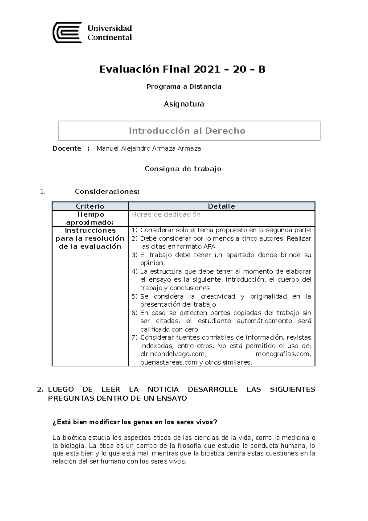 Examen final Introducción al Derecho - Evaluación Final 2021 – 20 – B Programa a Distancia - Studocu