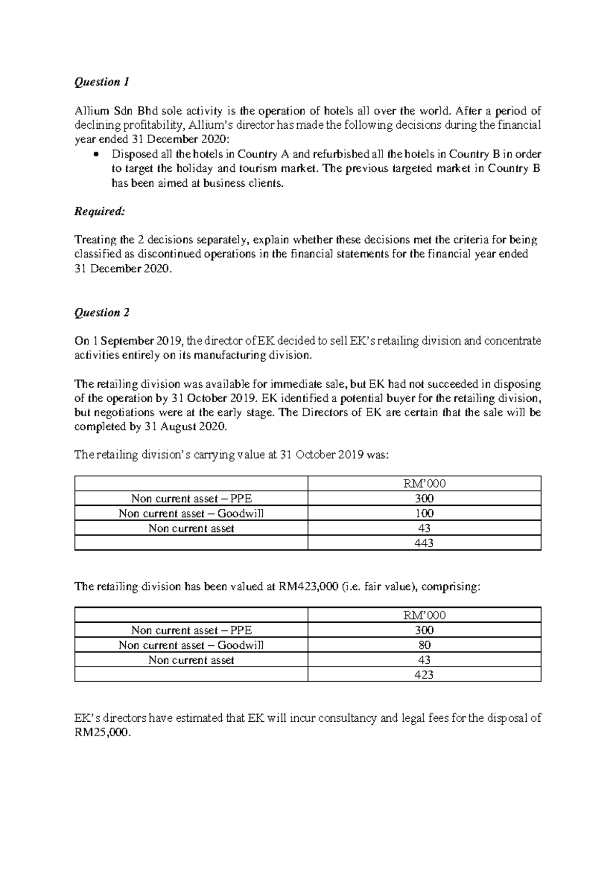 Chapter 3 revision - Question 1 Allium Sdn Bhd sole activity is the operation of hotels all over ...