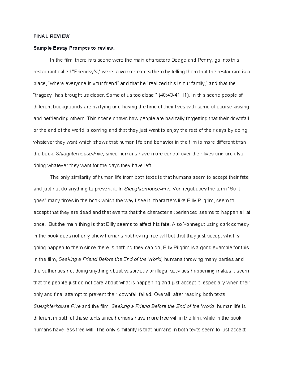ENG-1000 Final Review 15 - FINAL REVIEW Sample Essay Prompts to review ...