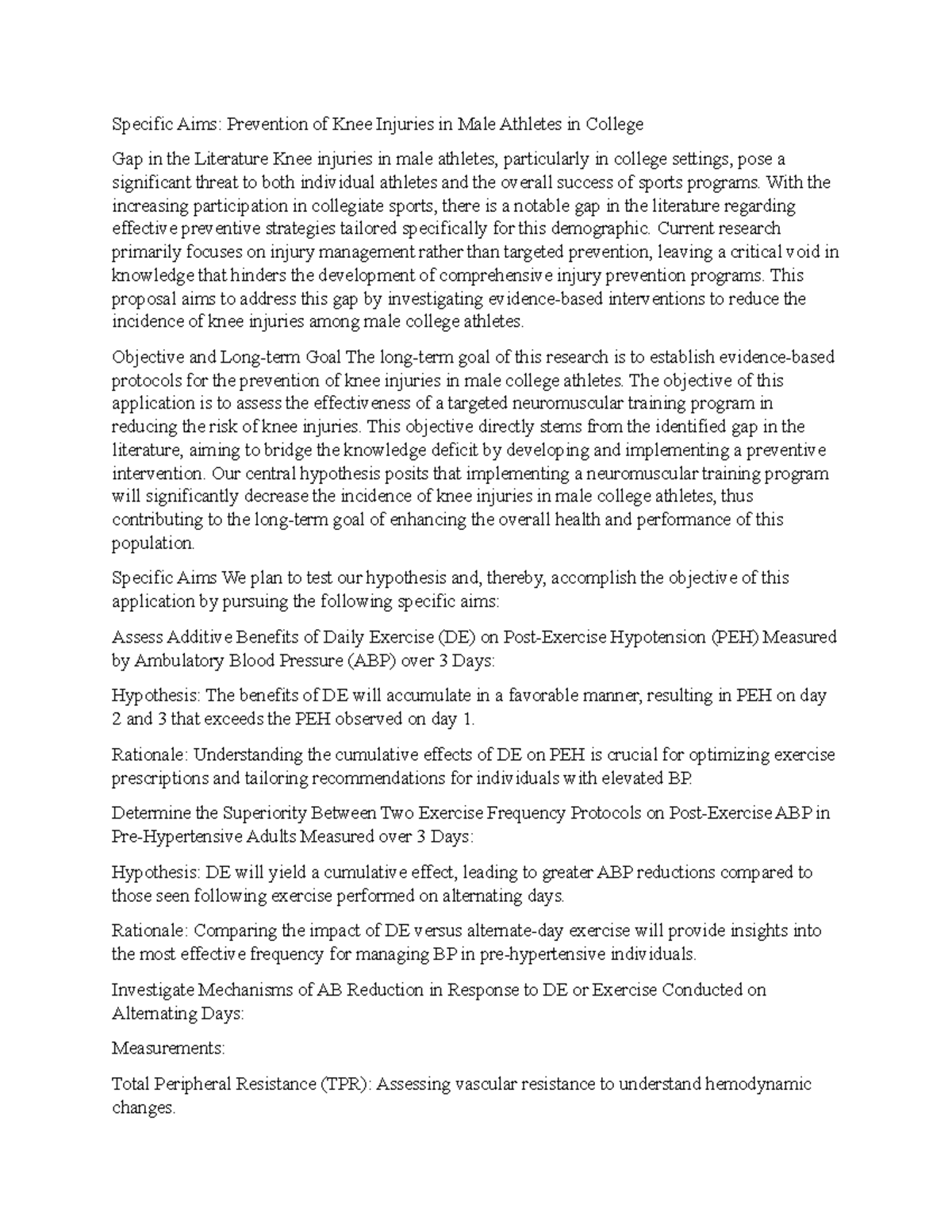 Aims 2 - Aims section to paper - Specific Aims: Prevention of Knee ...