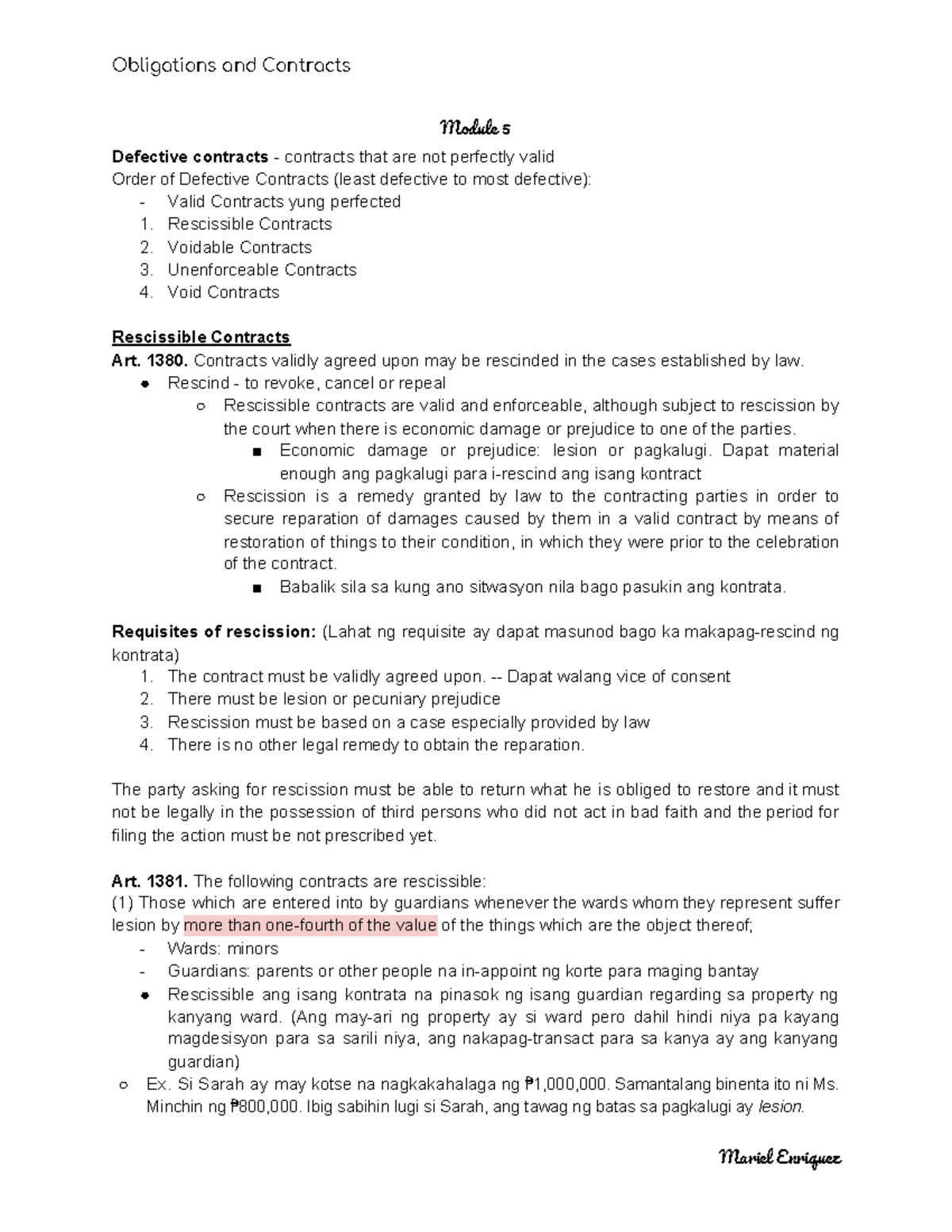 Oblicon-Module-5 - TRANSCRIPT OF LAWS EASY TO UNDERSTAND - Module 5 Defective contracts ...