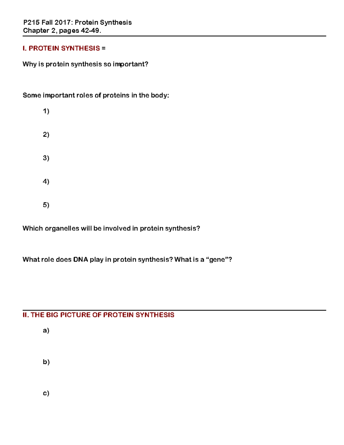 Ch. 2 - Protein synthesis - P215 Fall 2017: Protein Synthesis Chapter 2 ...