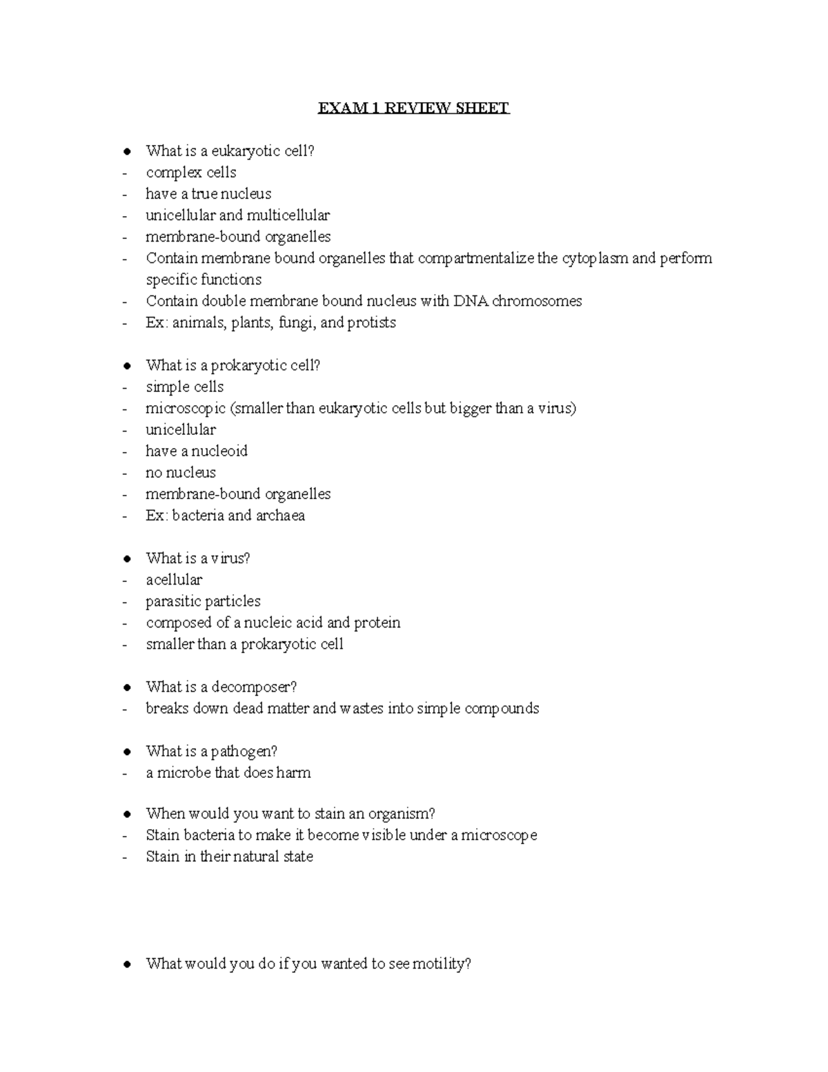 Micro exam 1 review sheet - EXAM 1 REVIEW SHEET What is a eukaryotic ...