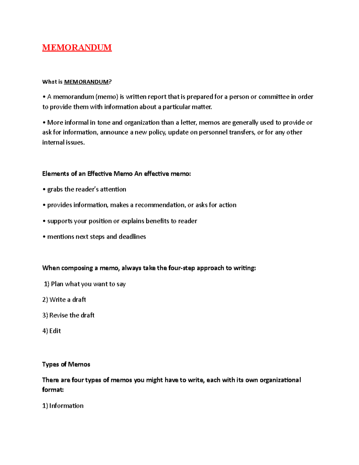 Memorandum - MEMORANDUM What is MEMORANDUM? A memorandum (memo) is ...