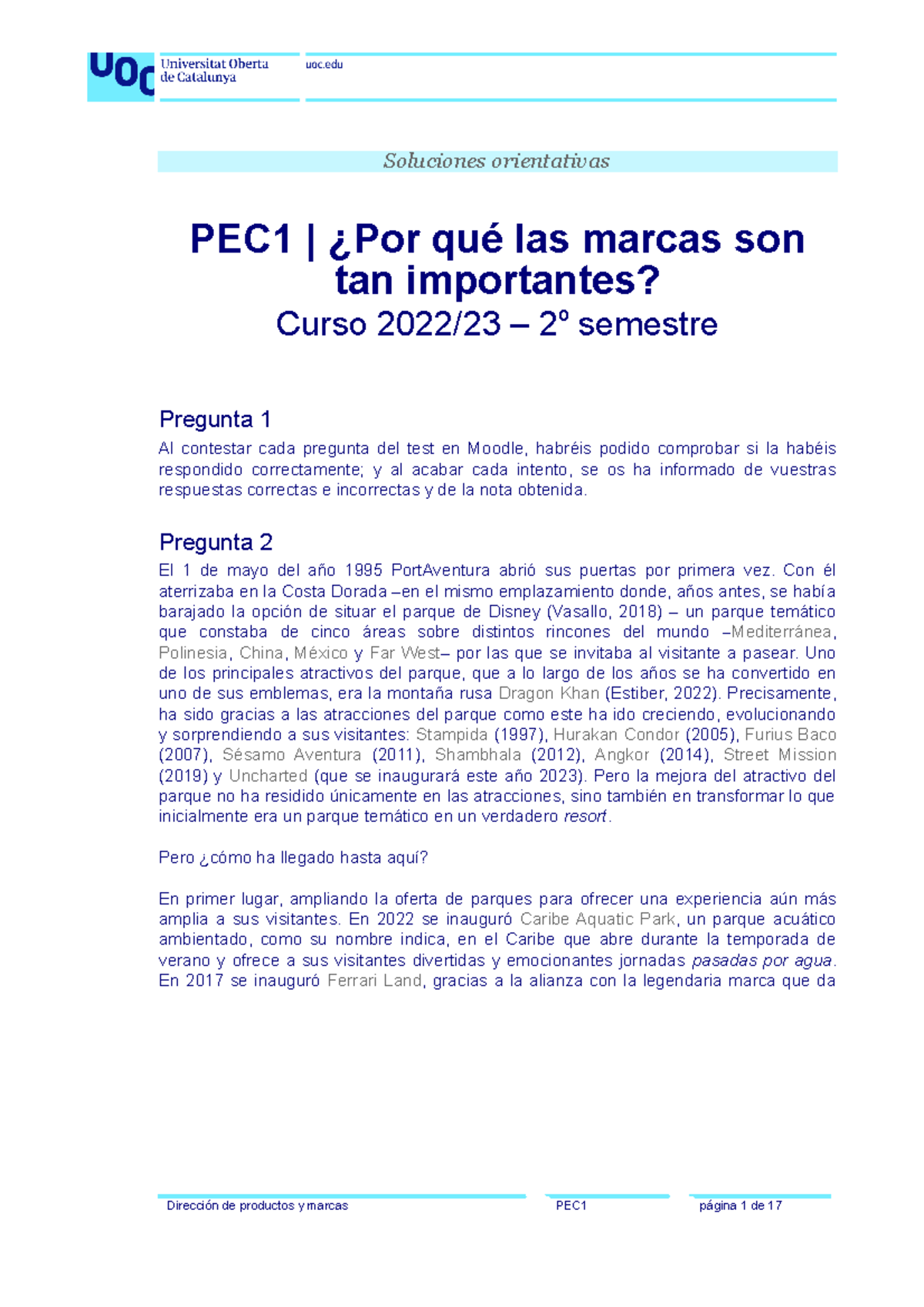 Sol PEC 1 - PortAventura World - Soluciones orientativas PEC1 | ¿Por qué las marcas son tan ...