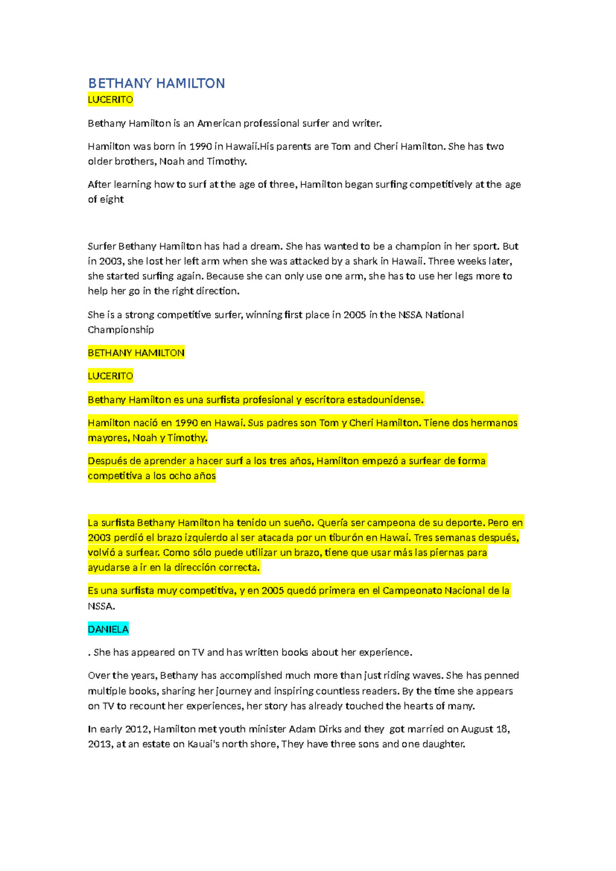 Bethany Hamilton - Sirve para una practica de ingles - BETHANY HAMILTON ...