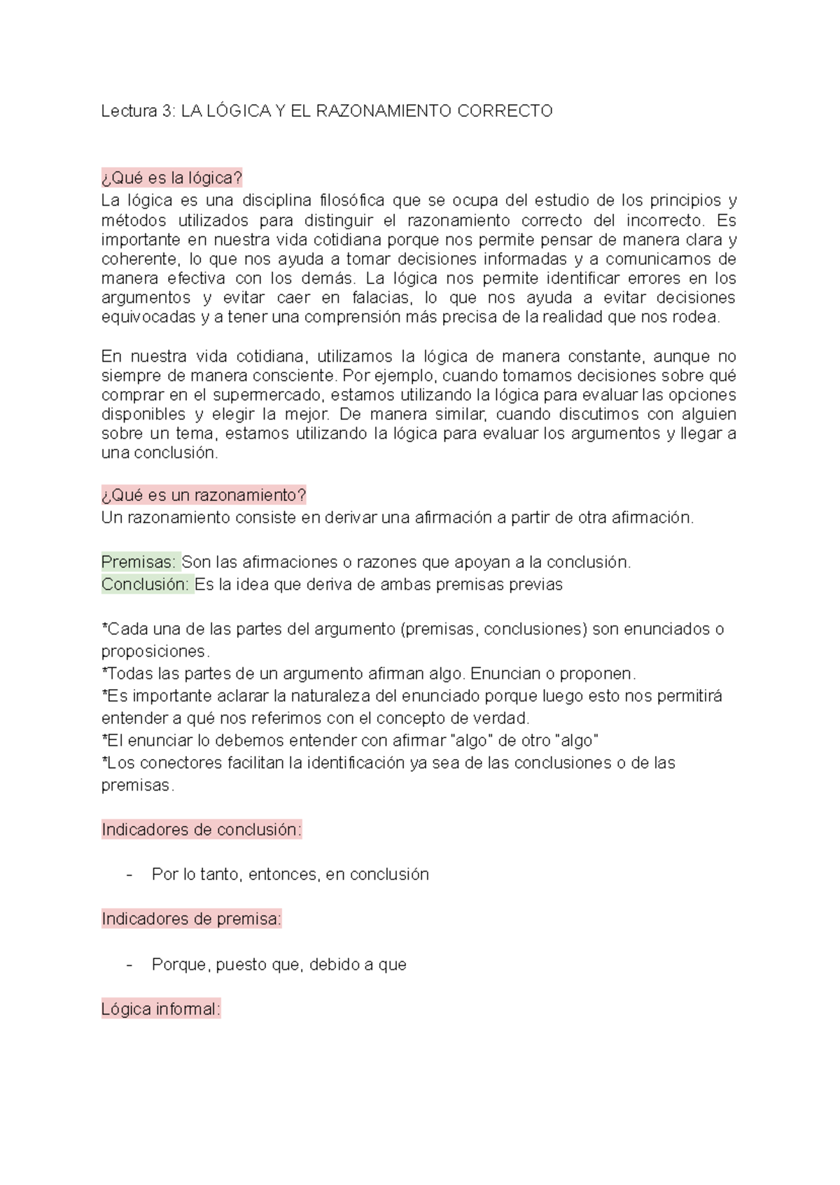 Filosofia - Lectura 3: LA LÓGICA Y EL RAZONAMIENTO CORRECTO ¿Qué es la ...