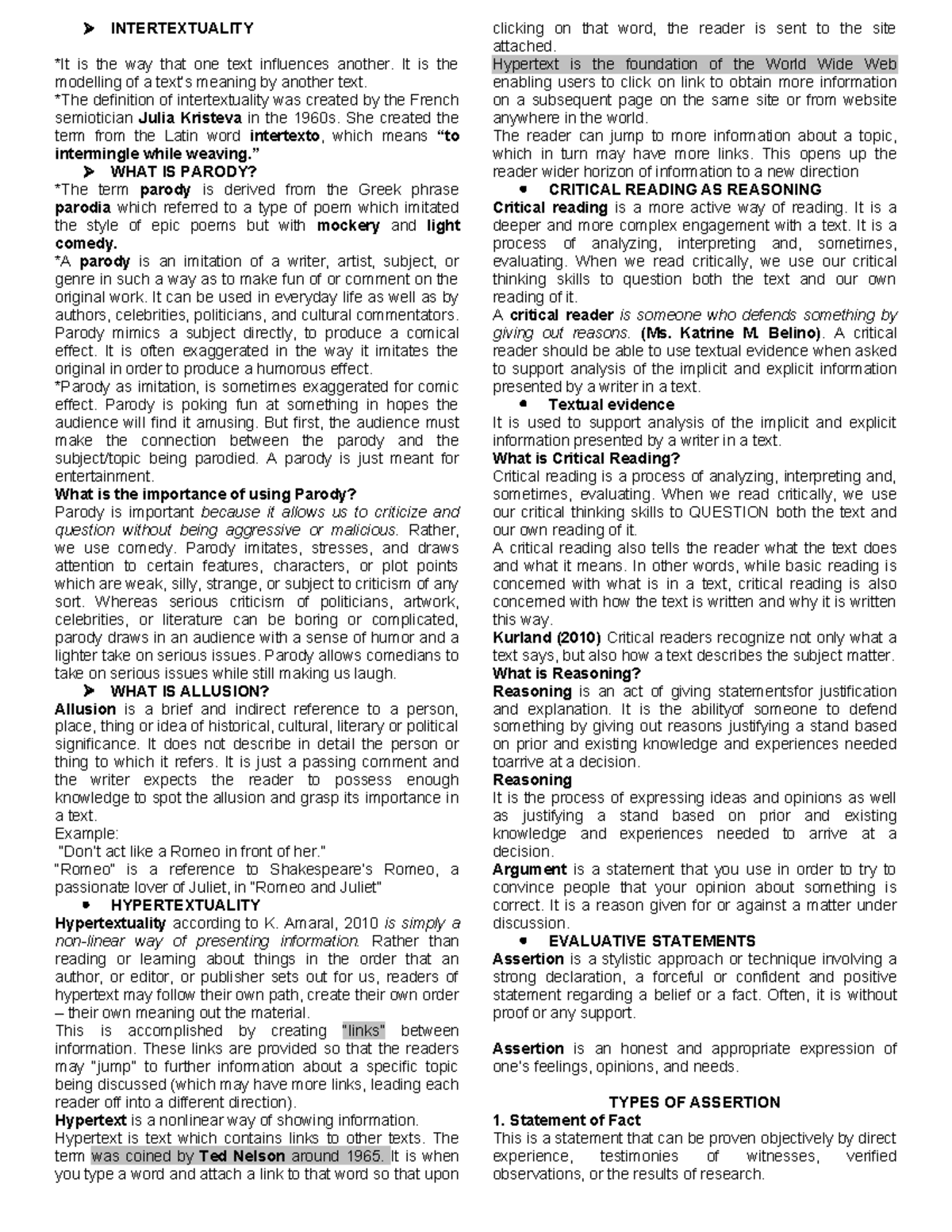 Reviewer NG MGA OA - INTERTEXTUALITY *It is the way that one text ...