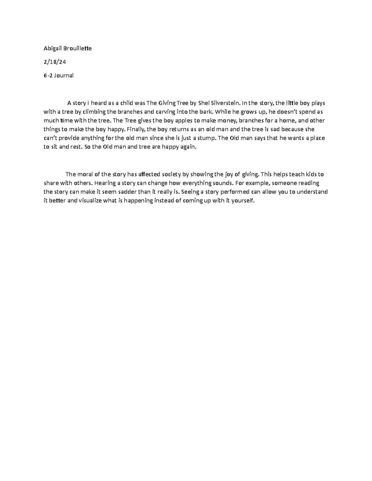 6-2 Journal - Abigail Brouillette 2/18/ 6 - 2 Journal A story I heard ...