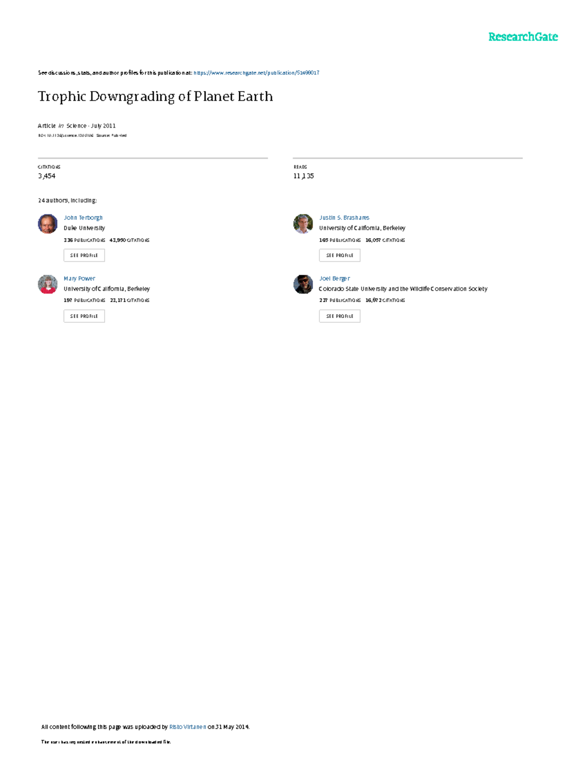 Trophic Downgrading Of Planet Earth See Discussions Stats And