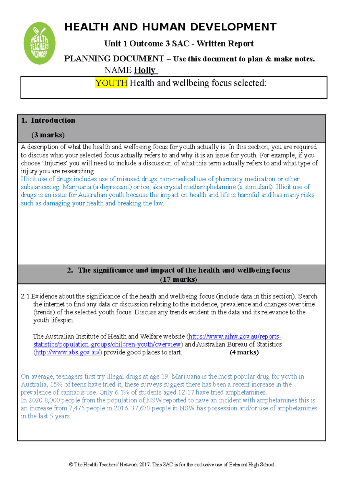 Unit 1 Out 3 BHS Research SAC - HEALTH AND HUMAN DEVELOPMENT Unit 1 ...