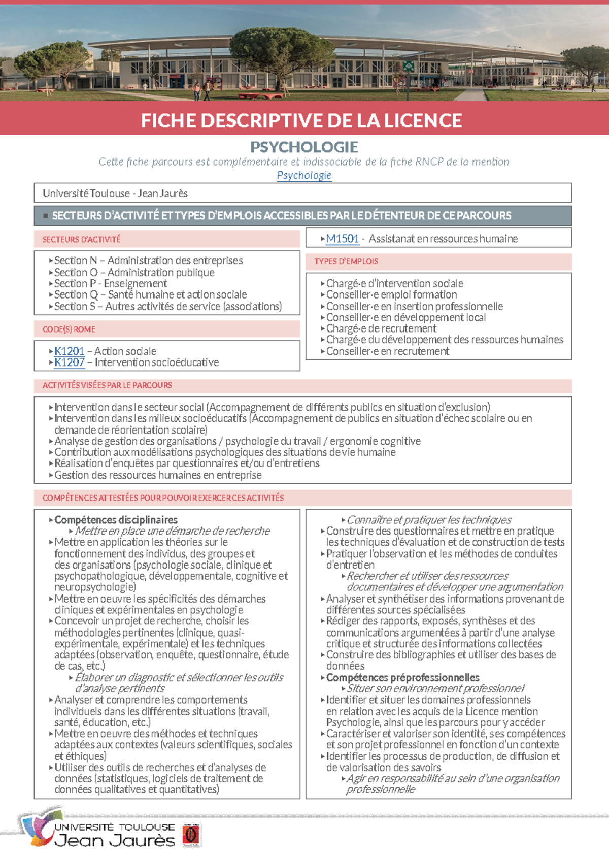 Fiche descriptive Licence Psychologie - Toulouse - Jean Jaurès - Studocu