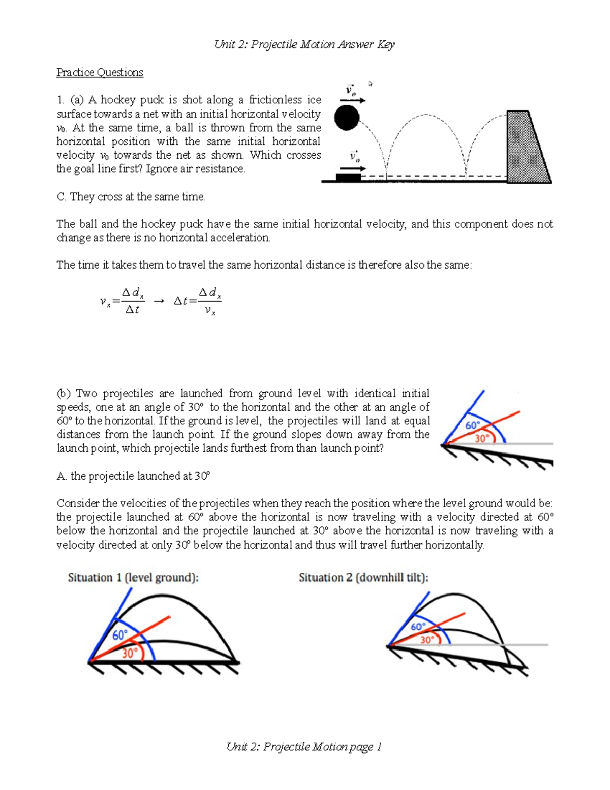 Unit 3 Projectile Motion Answer Key - Practice Questions (a) A hockey ...
