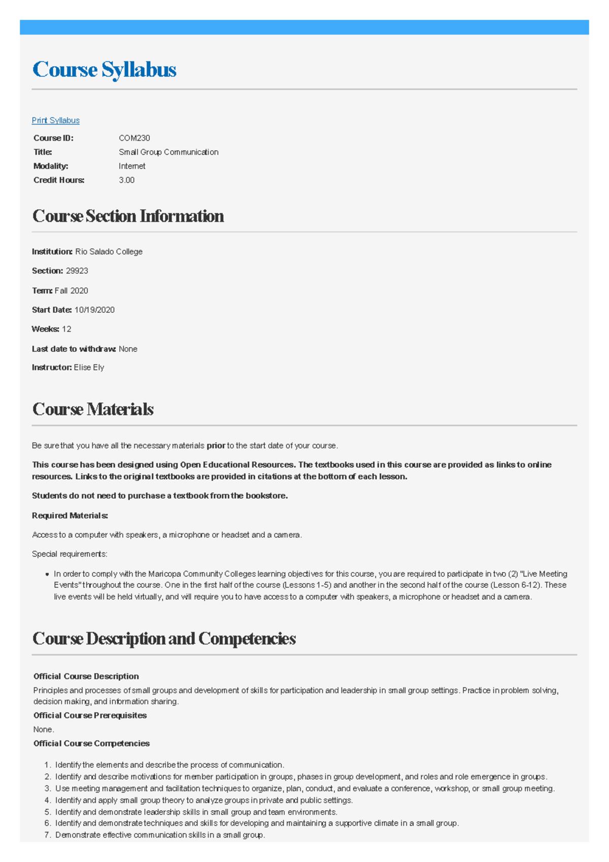 COM 230 Small Group Communication Course Syllabus - Course Syllabus ...