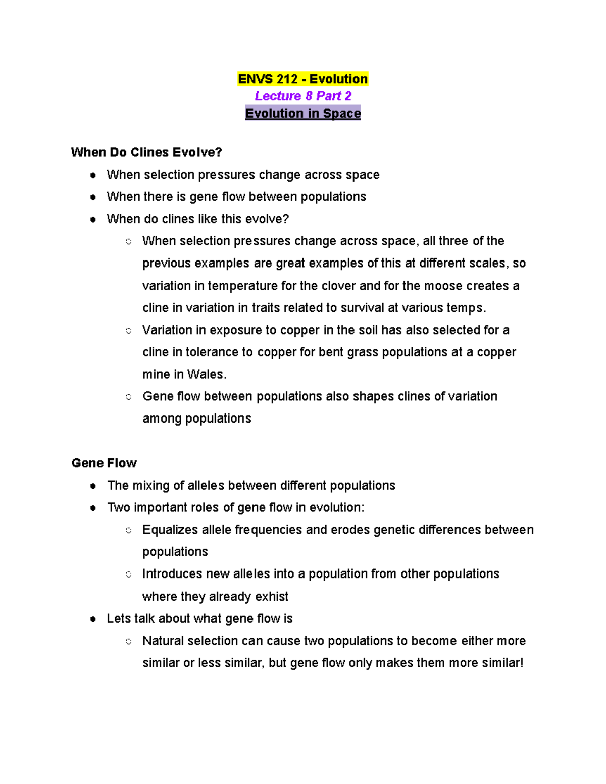 ENVS 212 Lecture 8 Part 2 - Spring 2020 - ENVS 212 - Evolution Lecture 8 Part 2 Evolution in ...