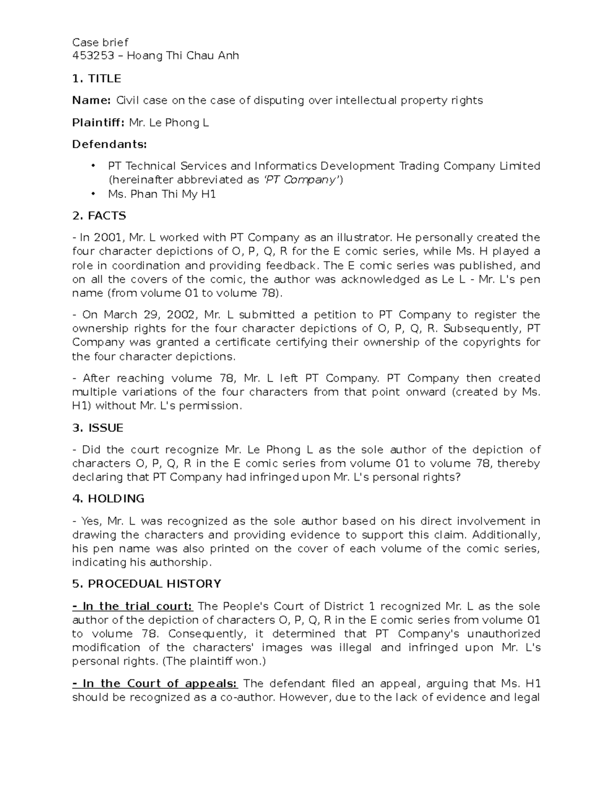 Example for a Case brief - Case brief 453253 – Hoang Thi Chau Anh TITLE ...