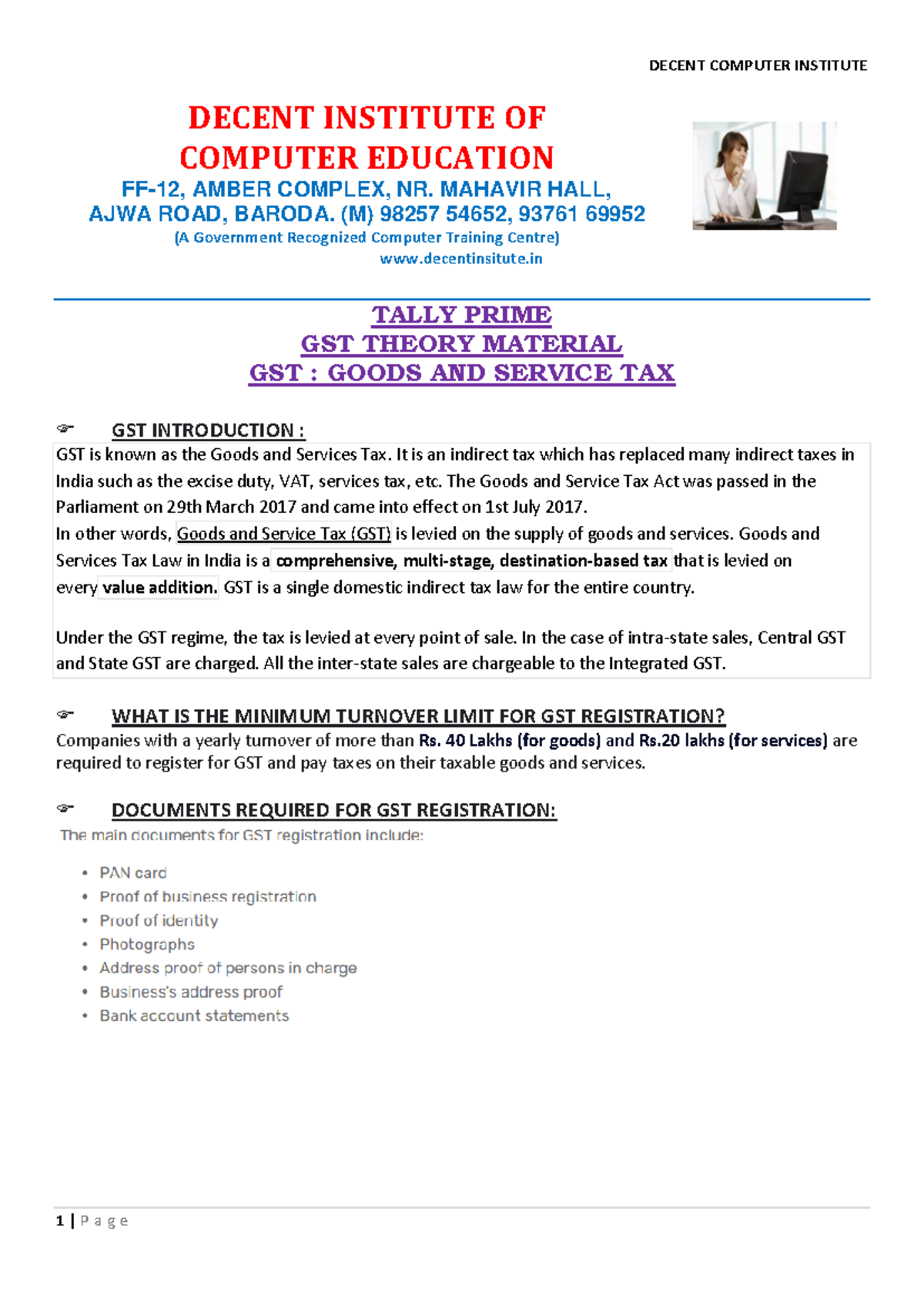 GST Theory Material JUNE 2024 - DECENT COMPUTER INSTITUTE 1 | P a g e ...