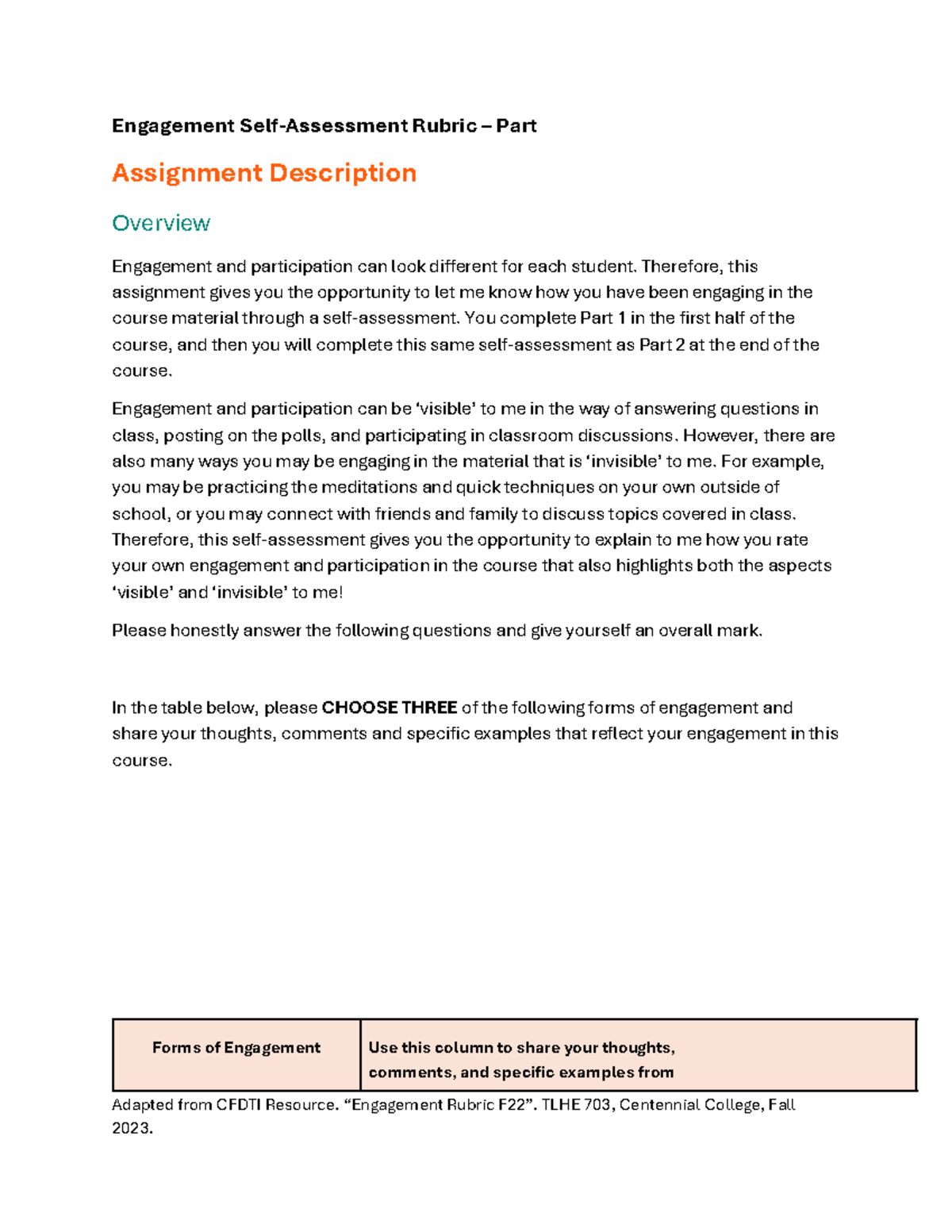 Engagement Self Assessment - Part 1 GNED179 - Engagement Self ...