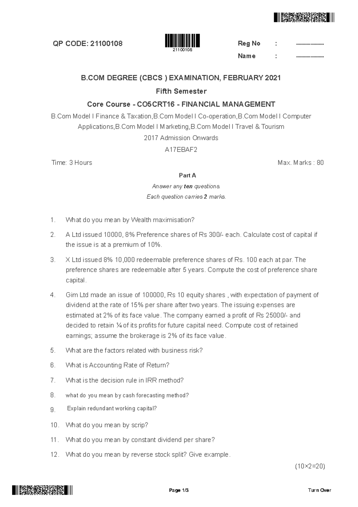 Financial- Management-min - QP CODE: 21100108 Reg No : ..................... Name : - Studocu