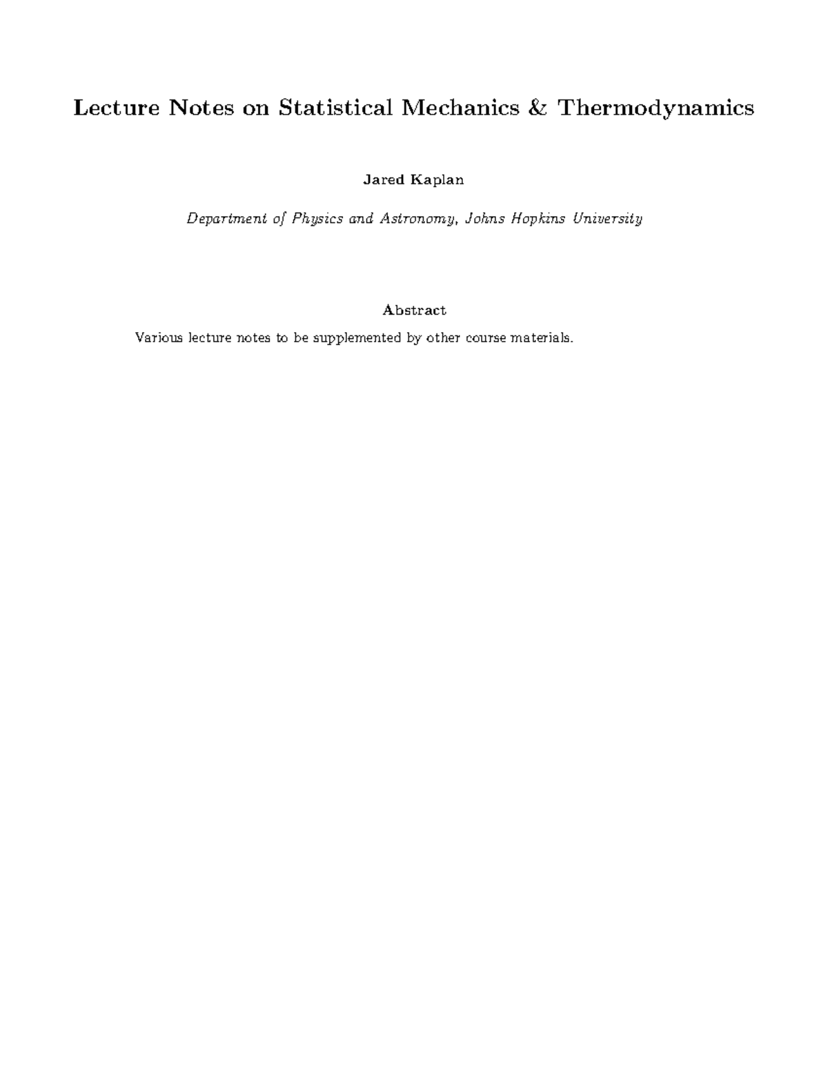 Statistical Mechanics Notes - Lecture Notes on Statistical Mechanics ...