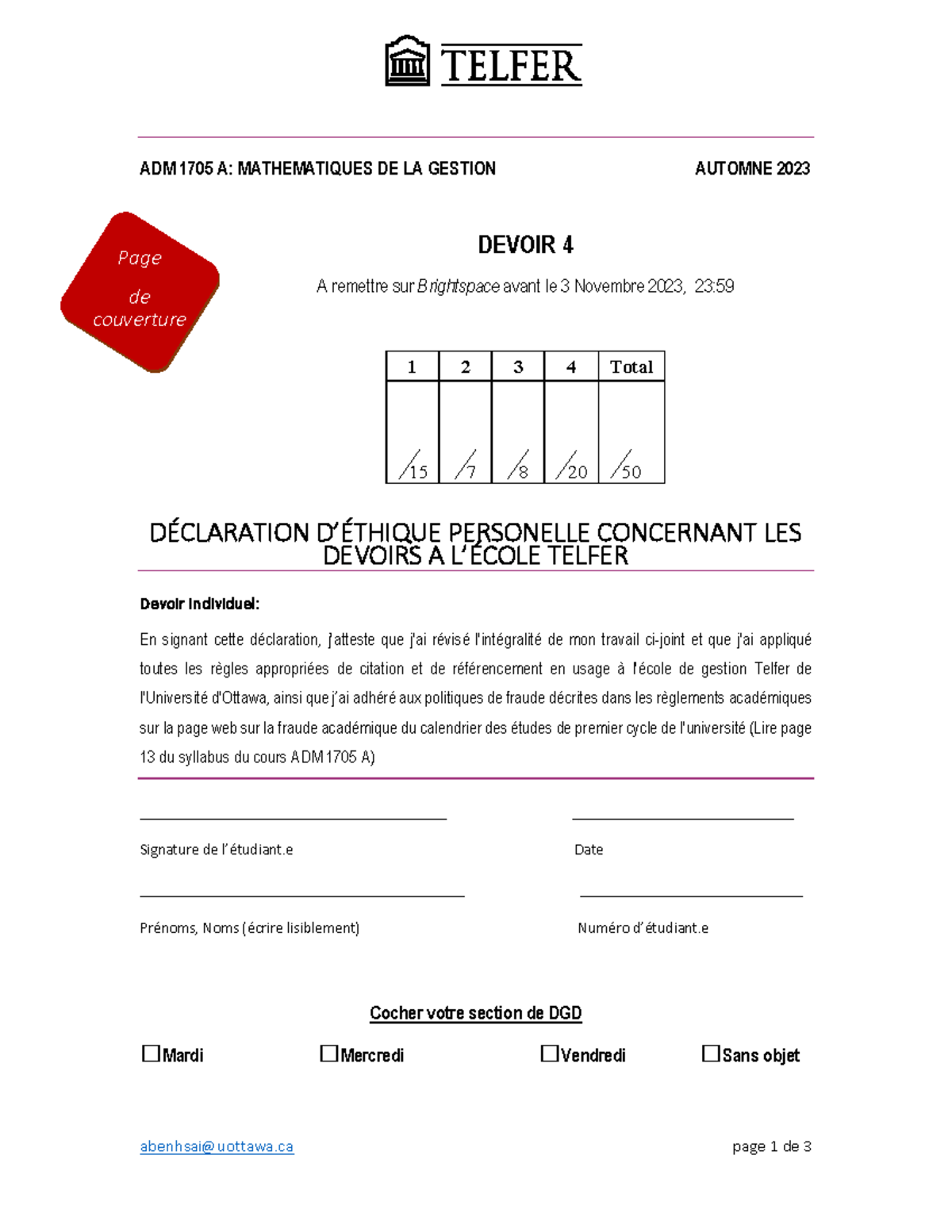 Devoir 4 239 - math - abenhsai@uottawa page 1 de 3 ADM 1705 A: MATHEMATIQUES DE LA GESTION ...