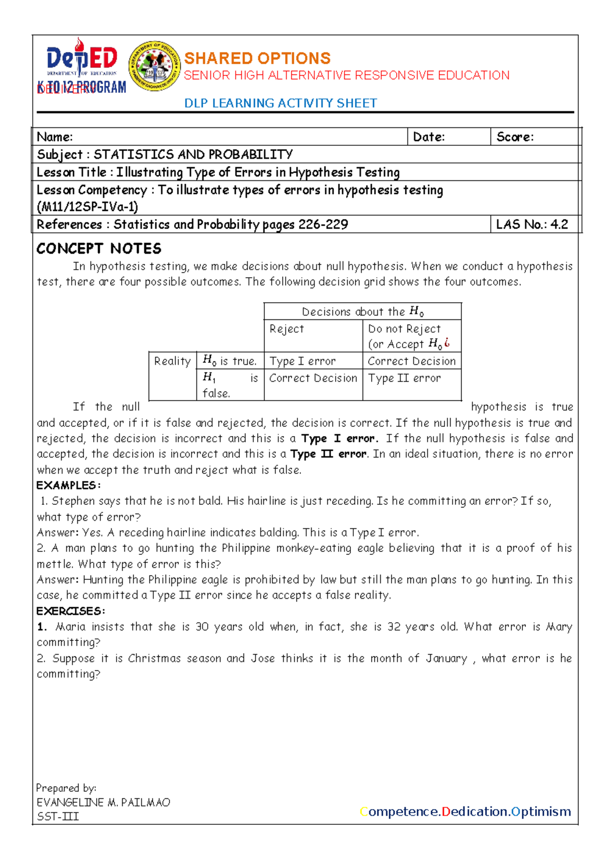 LAS 34 Illustrating Type of Errors in Hypothesis Testing - Competence ...