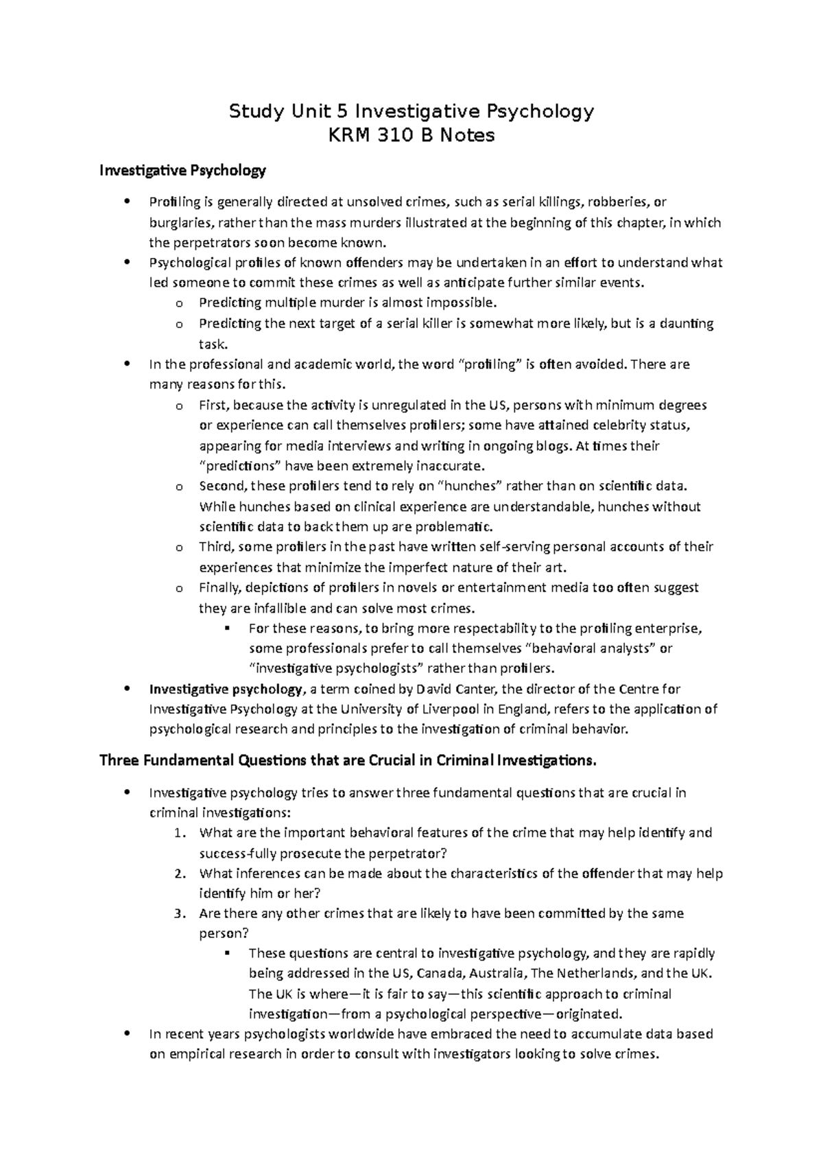 Su 5 Investigative Psychology - Study Unit 5 Investigative Psychology ...