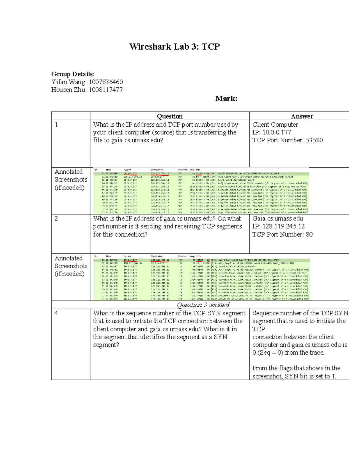 Ws3 Tcp Answer Sheet Lab Handout Wireshark Lab 3 Tcp Group Details Yifan Wang 1007836460 