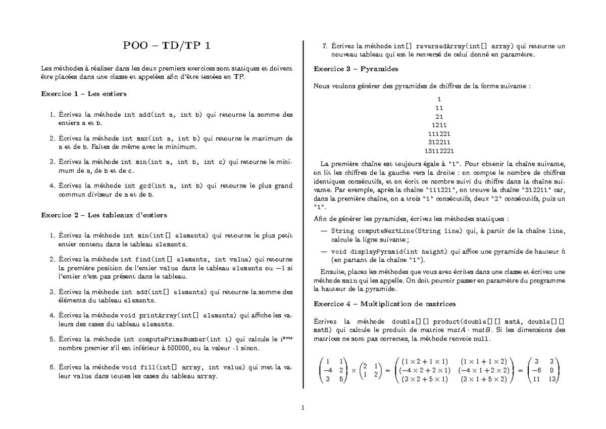JAVA POO – Traveaux diriges 1 - POO – TD/TP 1 Les méthodes à réaliser ...