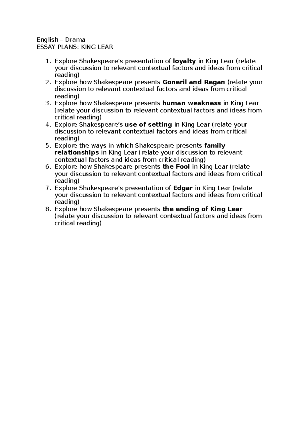 King lear essay plans - English – Drama ESSAY PLANS: KING LEAR 1 ...