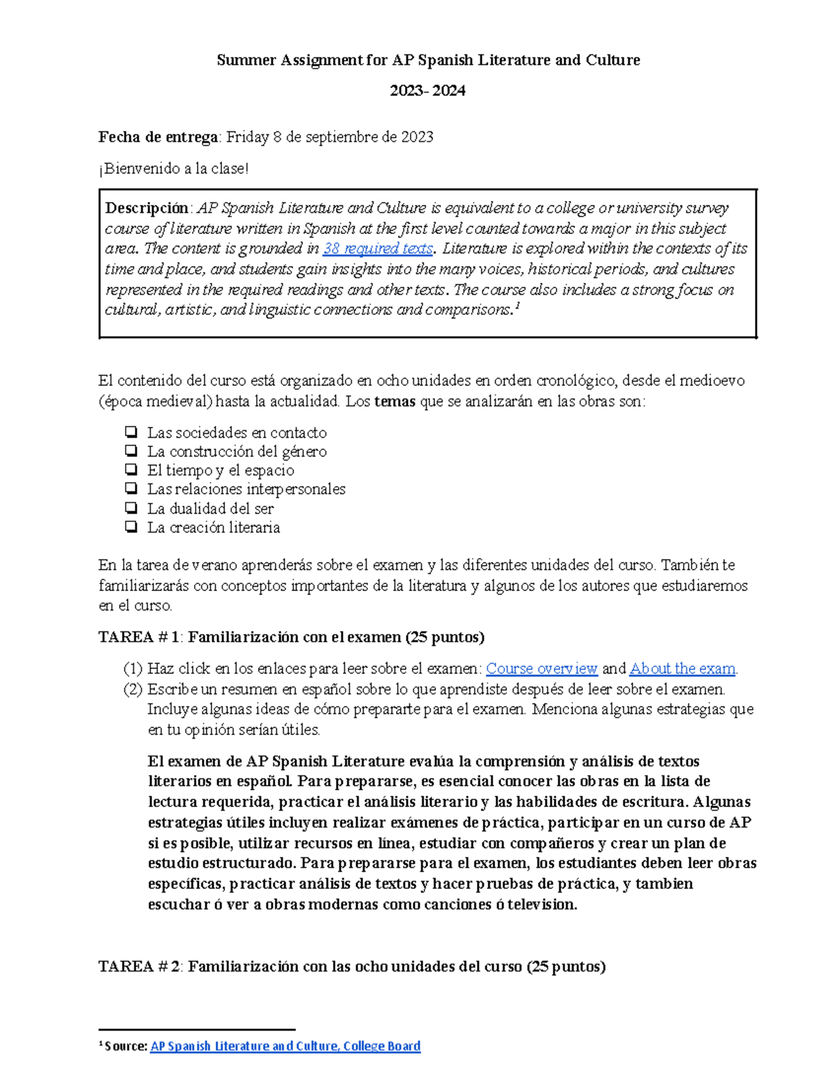AP Spanish Literature Summer Assignment 2023 2024 Summer