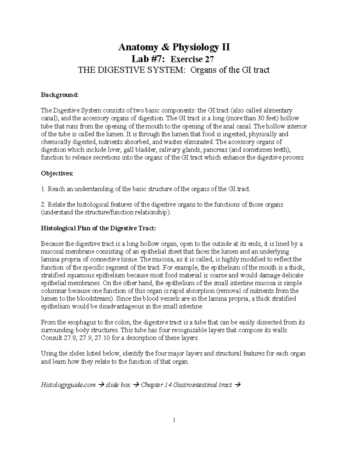 GI tract lab guide - Anatomy & Physiology II Lab #7: Exercise 27 THE ...
