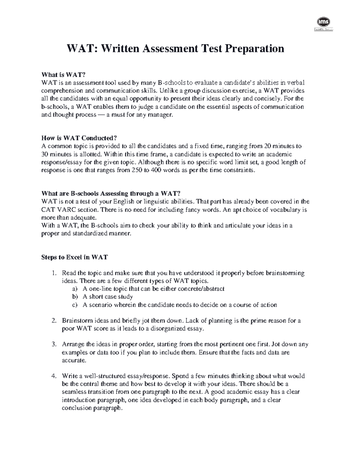 All About WAT - WAT: Written Assessment Test Preparation What is WAT ...