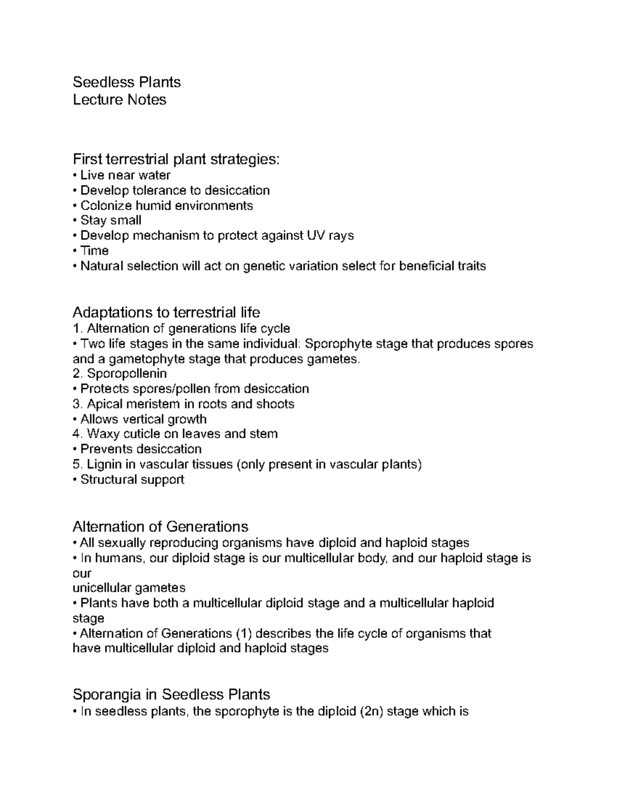 Seedless Plants Notes - Seedless Plants Lecture Notes First terrestrial ...