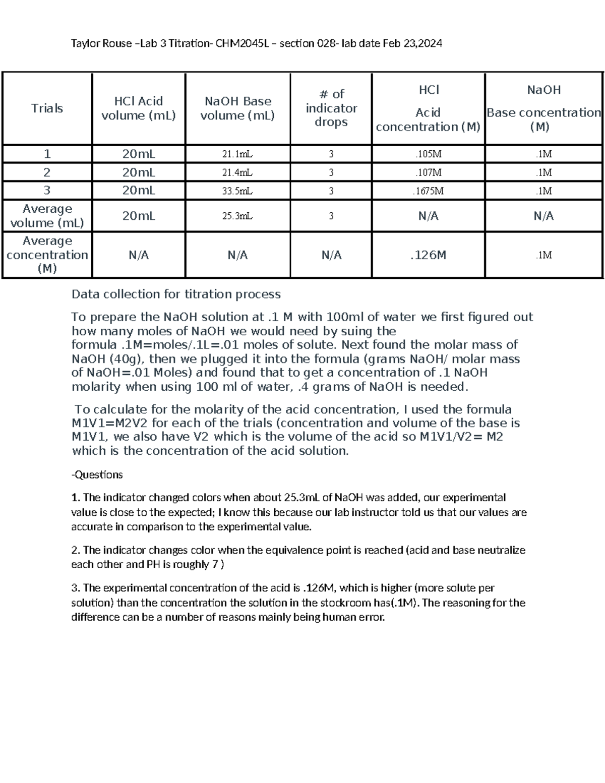 Lab 3 - Lab 3 prelab (dont cheat this is an outline only) :) - Taylor Rouse –Lab 3 Titration ...