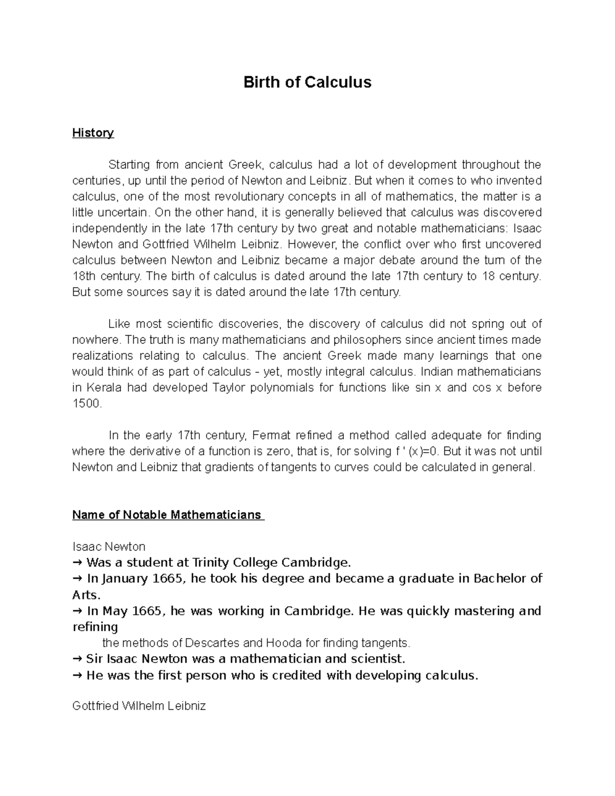 Birth of Calculus Outline - Birth of Calculus History Starting from ...