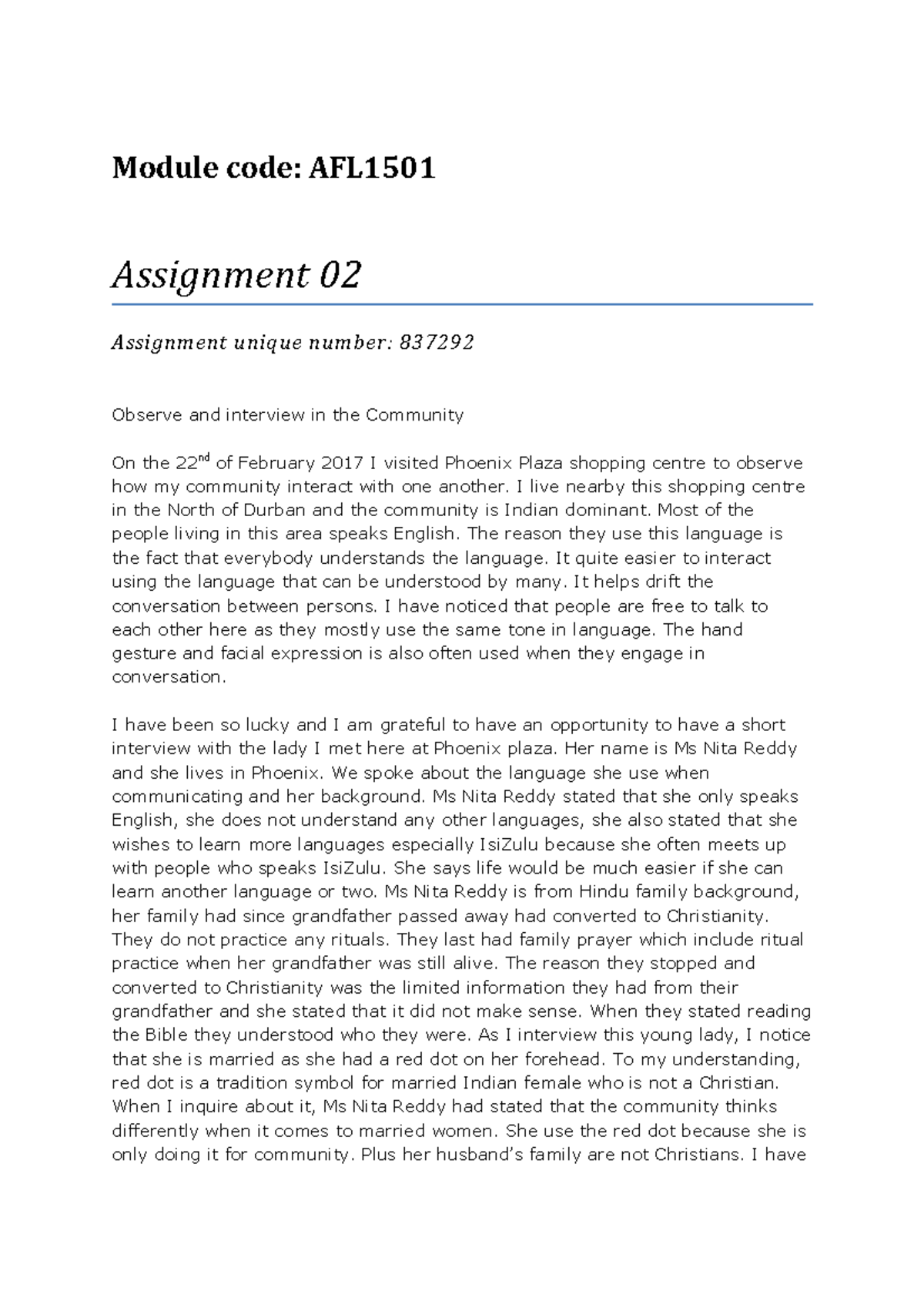 Assignment 02 - Module code: AFL Assignment 02 Assignment unique number: 837292 Observe and ...
