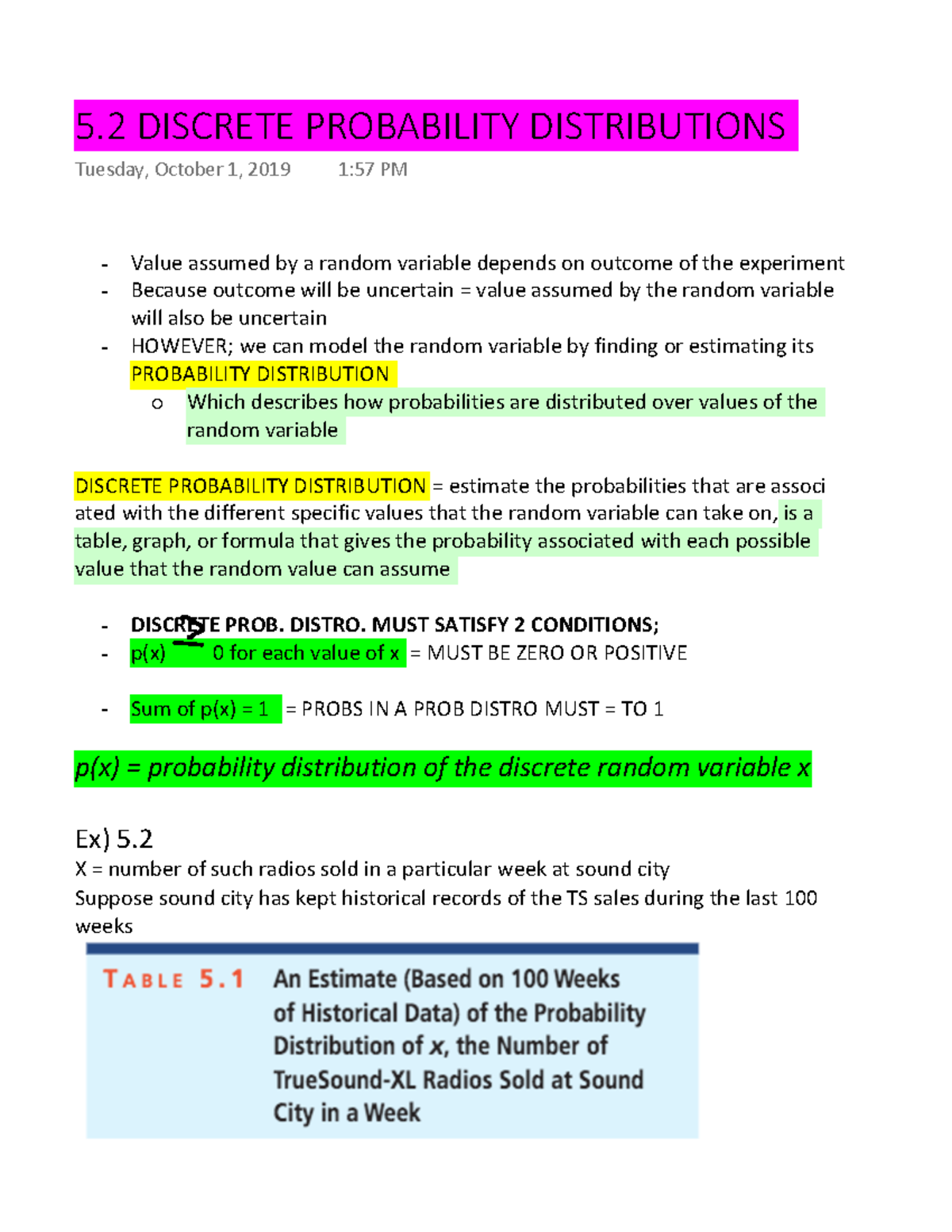 COMM 215 5.2 Discrete Probability Distributions - Value assumed by a ...