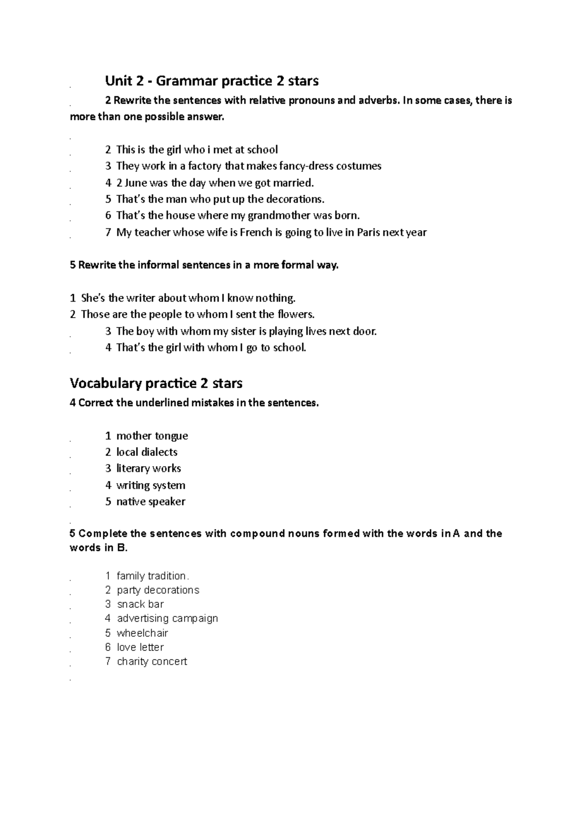Actividades unit 2 grammar and vocabulary - Unit 2 - Grammar practice 2 ...