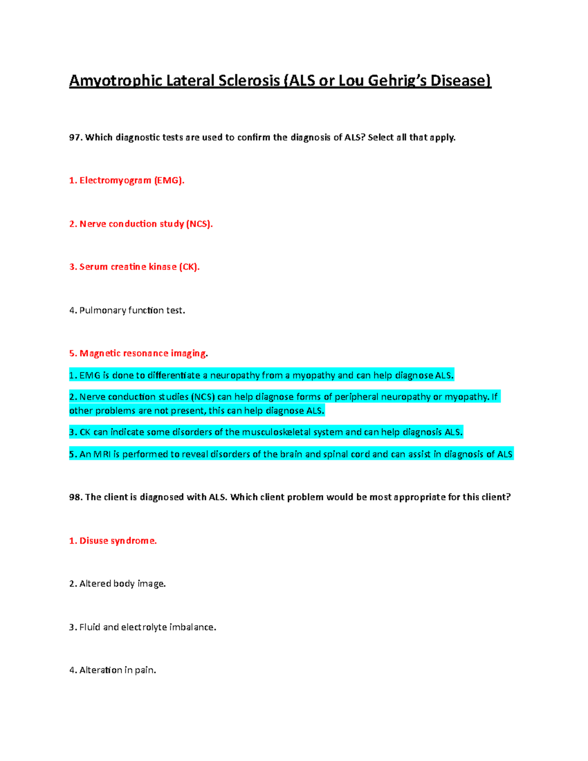Amyotrophic Lateral Sclerosis Parctice Questions Unit 5 - Amyotrophic ...
