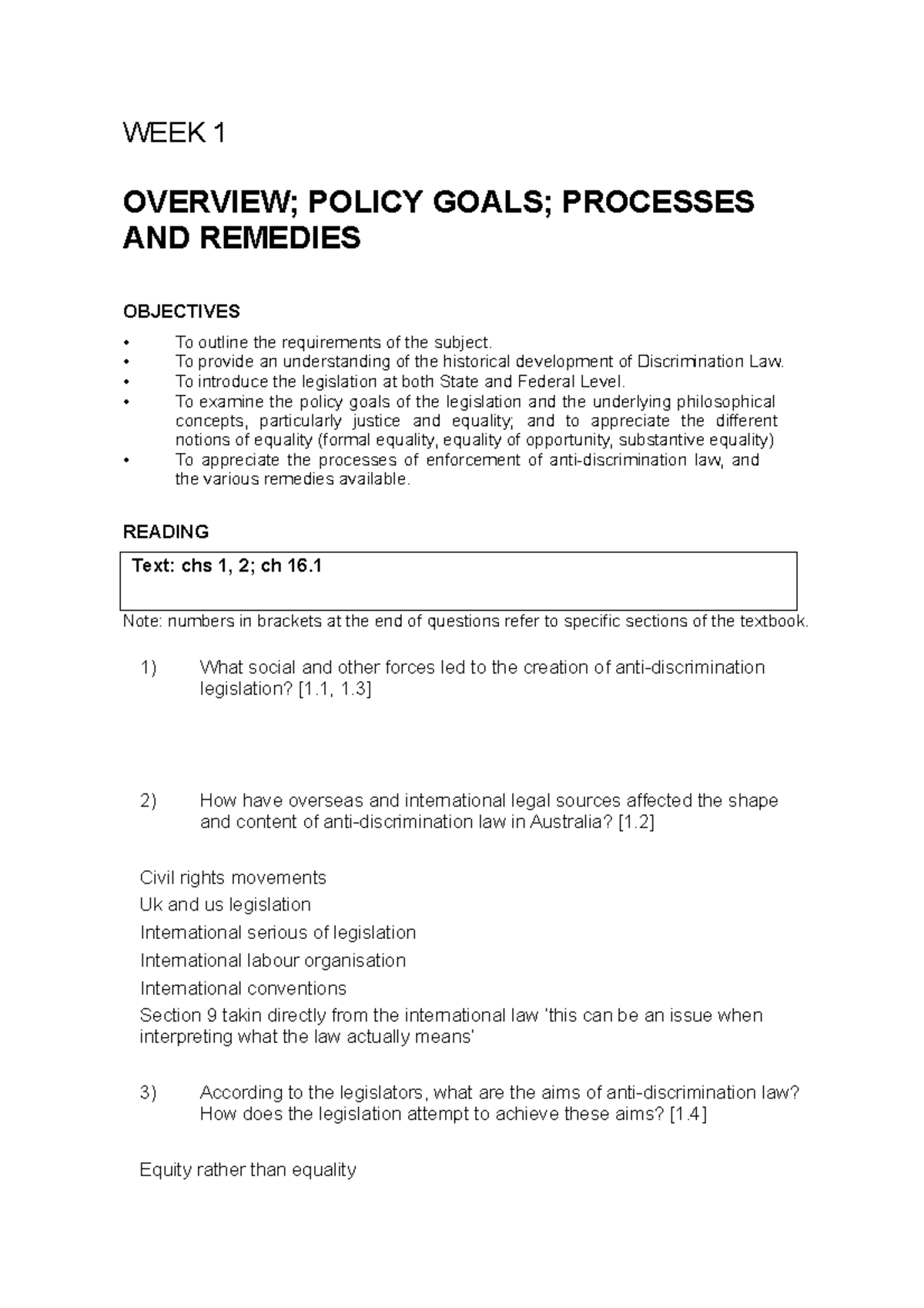 Week 1 Seminar Guide - WEEK 1 OVERVIEW; POLICY GOALS; PROCESSES AND REMEDIES OBJECTIVES To ...