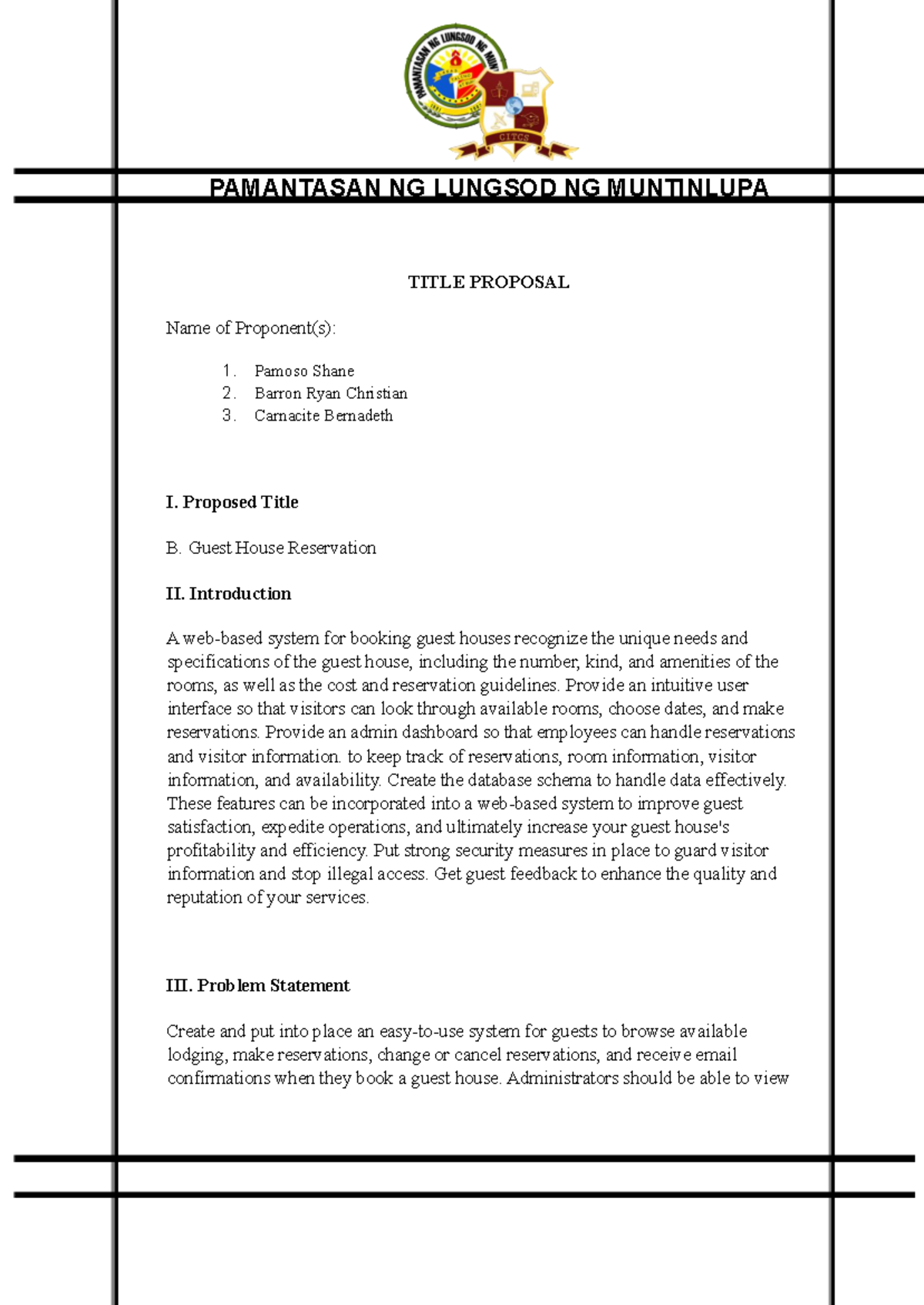 Title Proposal for Capstone - PAMANTASAN NG LUNGSOD NG MUNTINLUPA TITLE ...