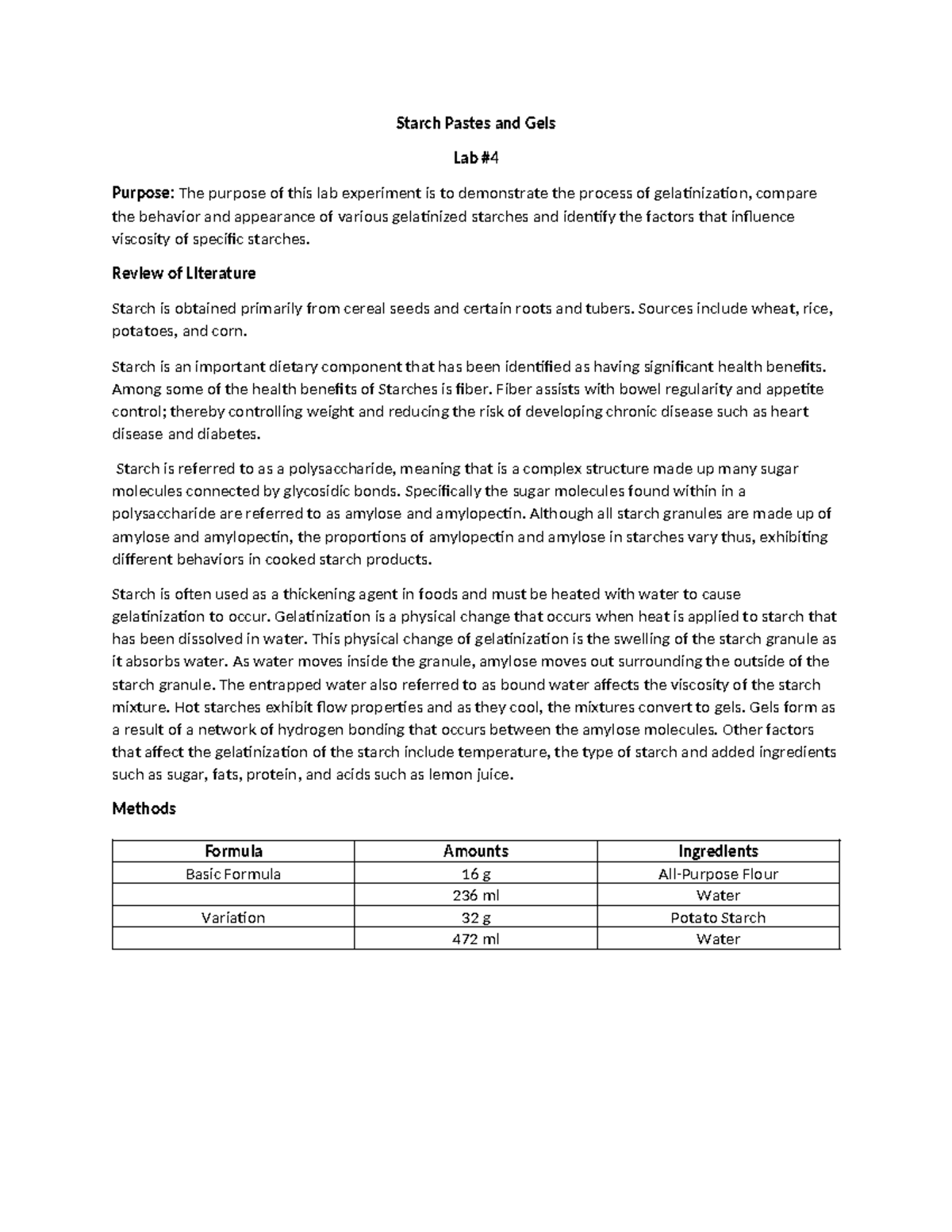 FNU 412 Lab #4 Sample Lab Report Starch Pastes and Gels - Starch Pastes ...