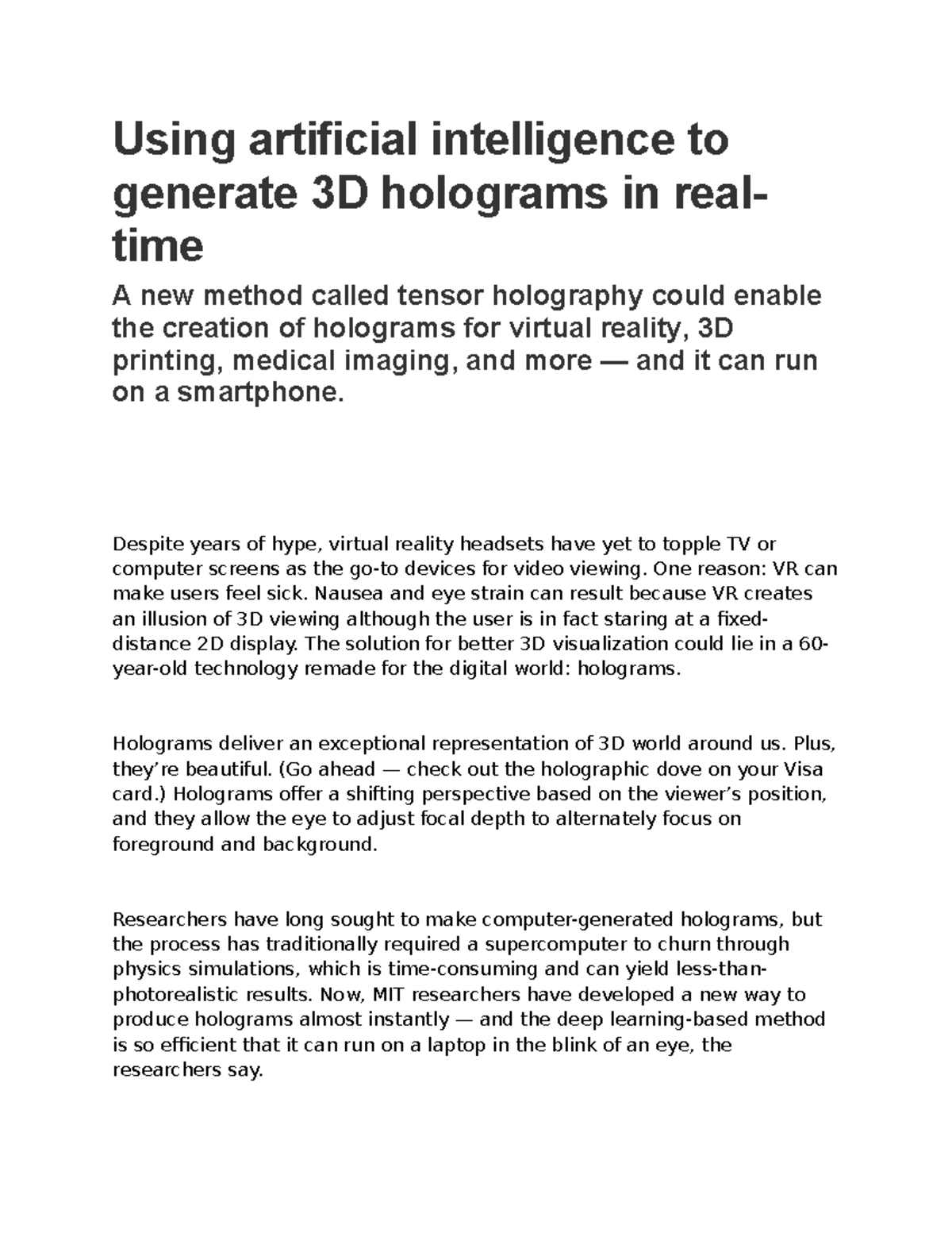 Using artificial intelligence to generate 3D holograms in real - Using ...